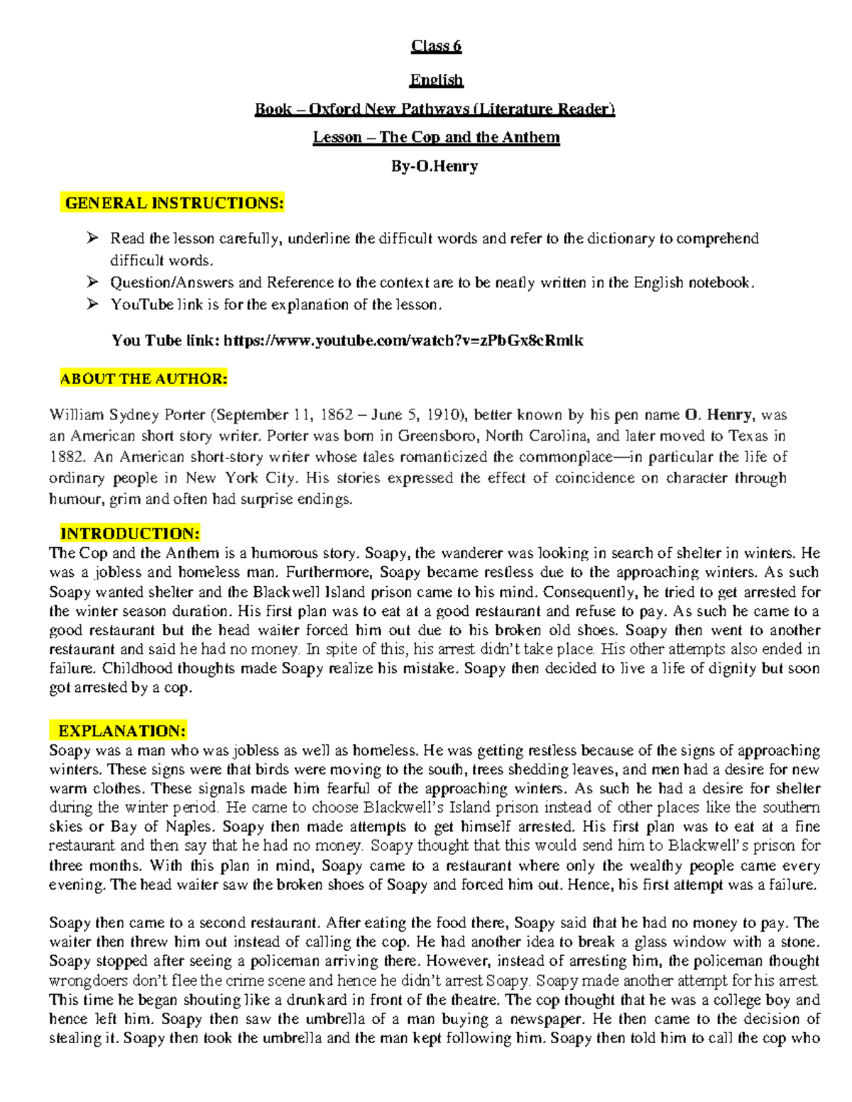 Class 6 English Lesson Notes: The Cop and the Anthem by O. Henry - Studocu