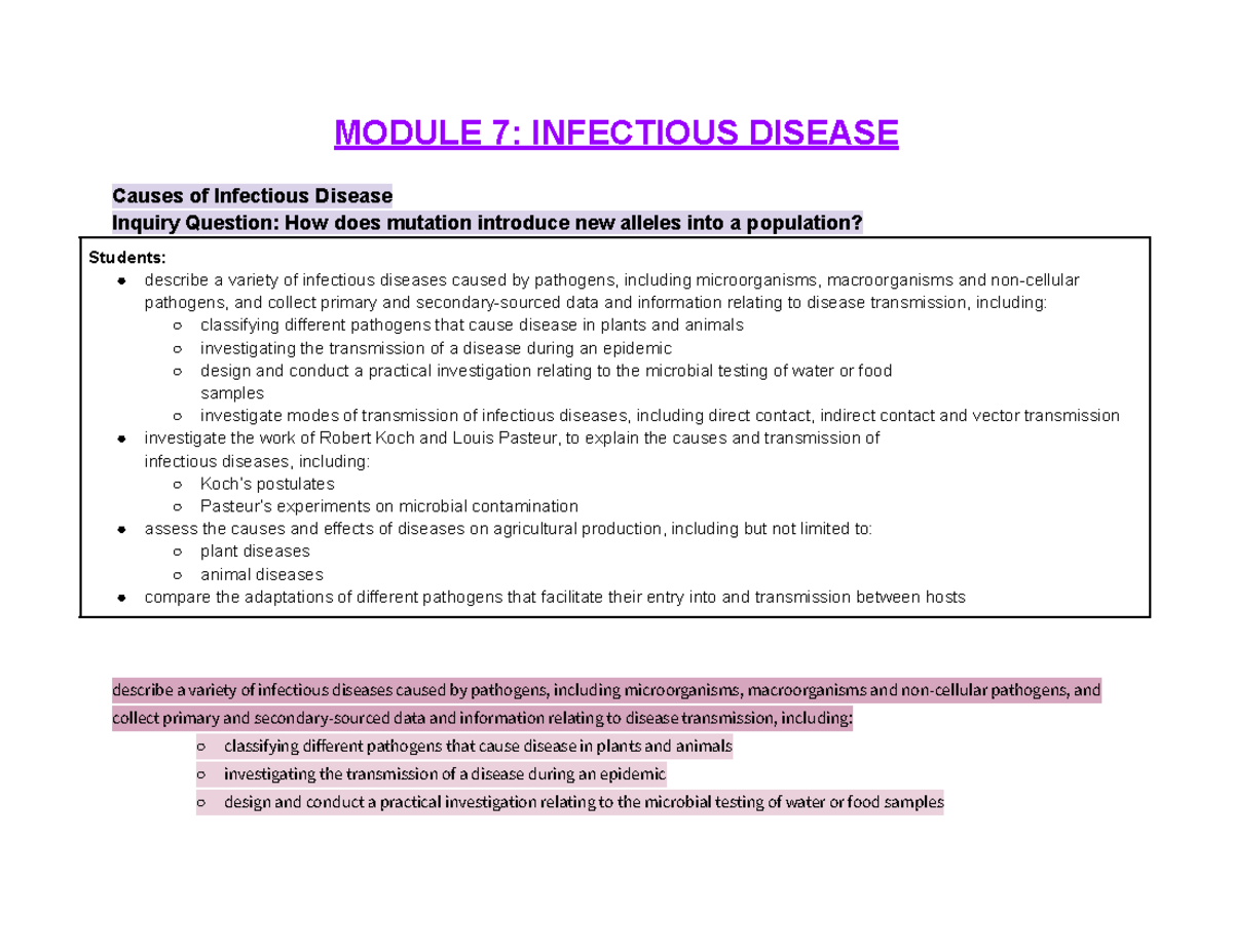 YEAR 12 Biology HSC Notes: Module 7 - Infectious Diseases and Pathogens ...
