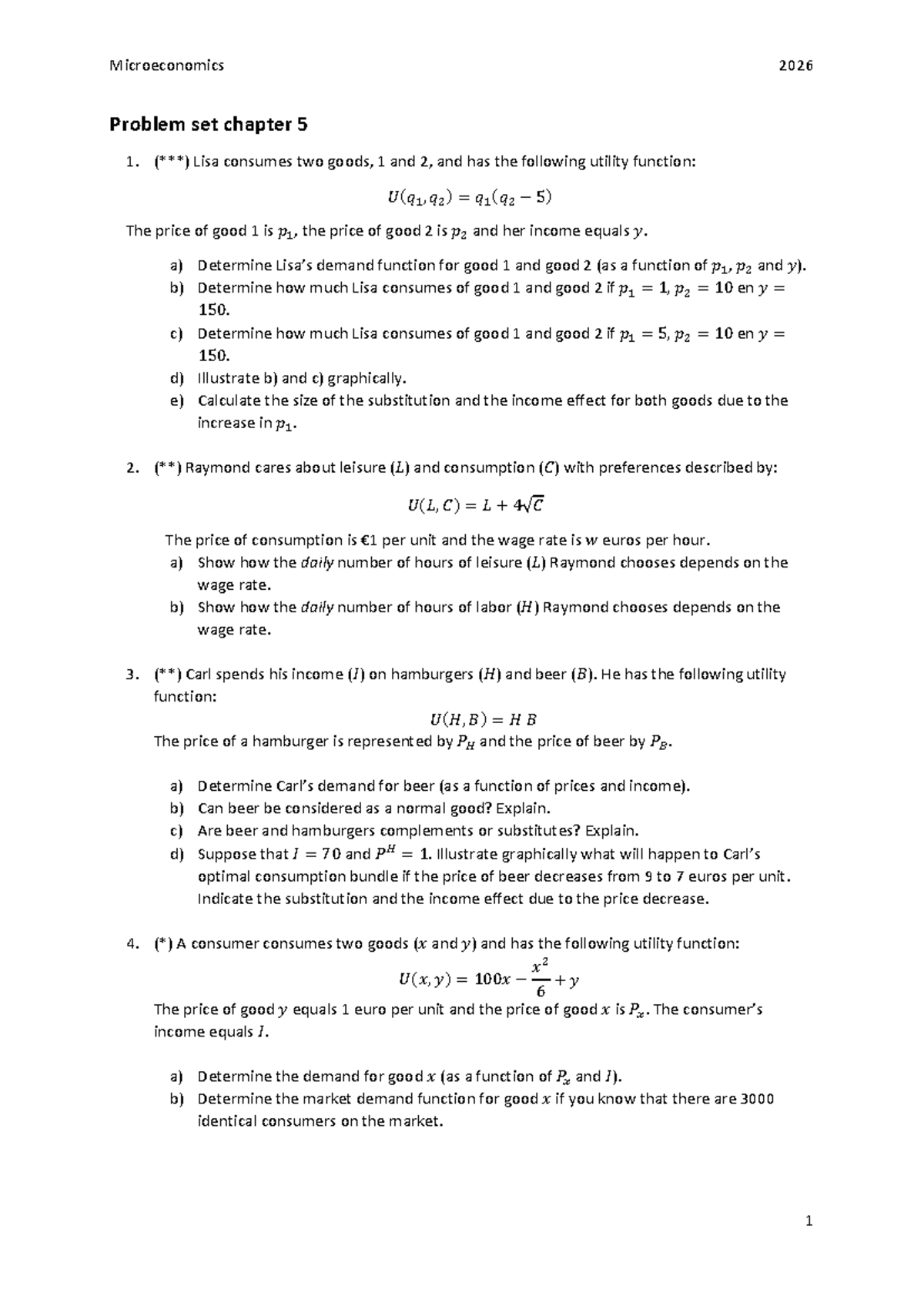 Microeconomics 2026 Problem Set: Chapter 5 Analysis and Solutions - Studocu