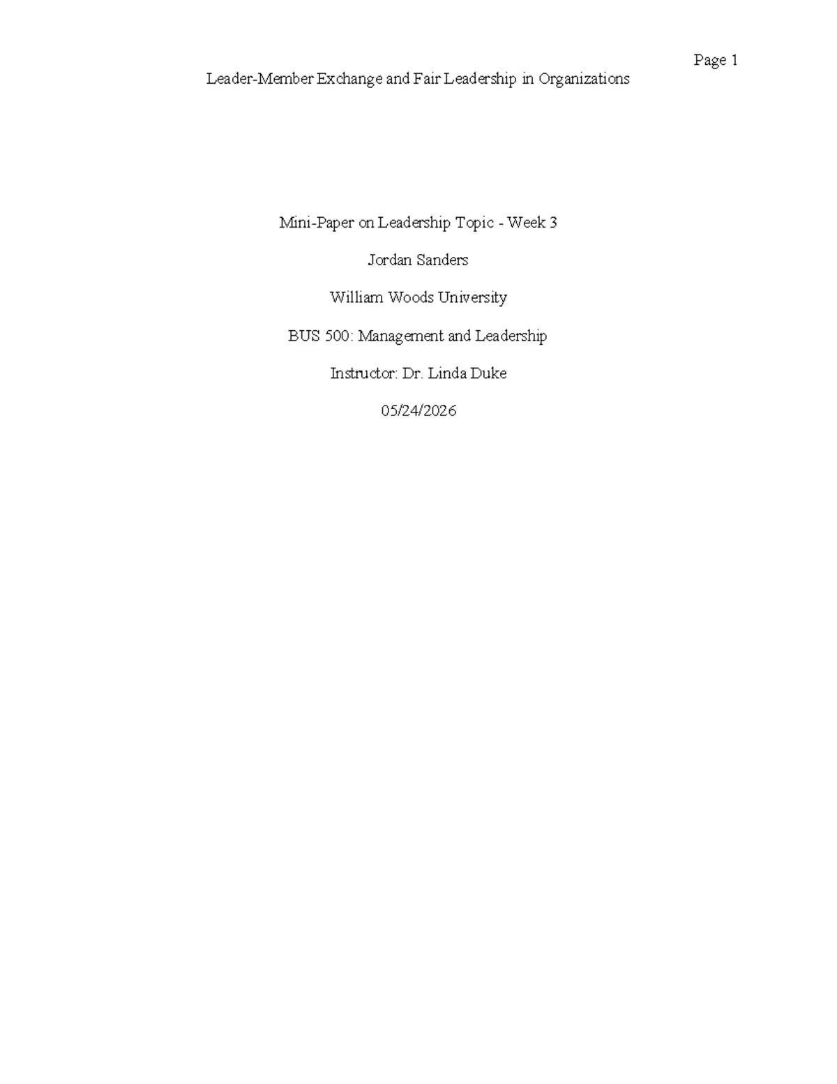BUS 500: Mini-Paper on Exchange and Fair Leadership in Organizations ...