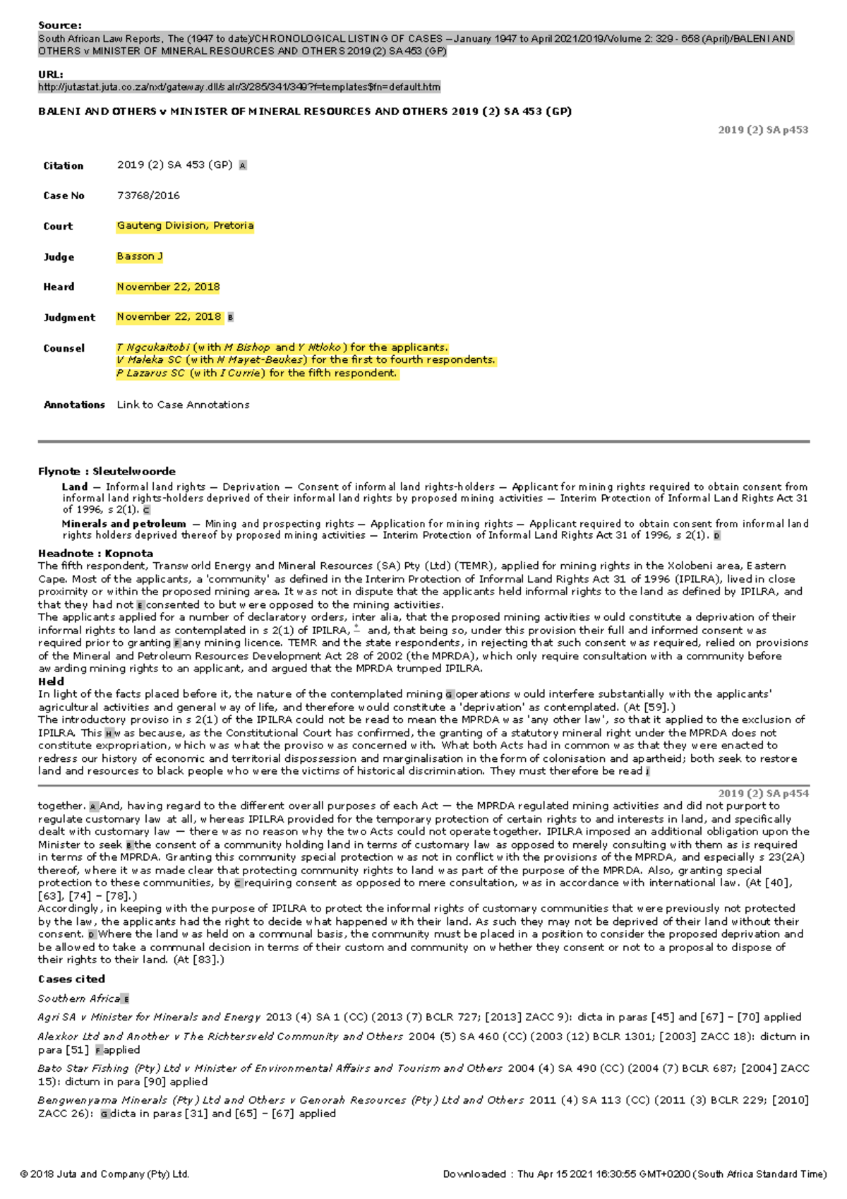 Baleni AND Others v Minister OF Mineral Resources AND Others 2019 (2 ...