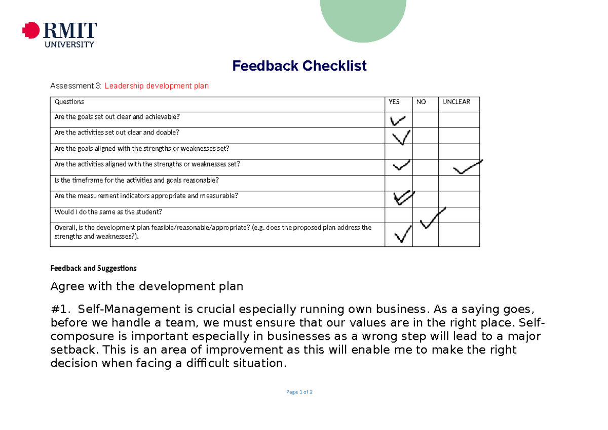 A3 Feedback Check List - Feedback Checklist Assessment 3: Leadership development plan Questions ...