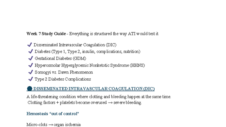 Week 7 Study Guide: DIC & Diabetes Management (ATI) - Studocu