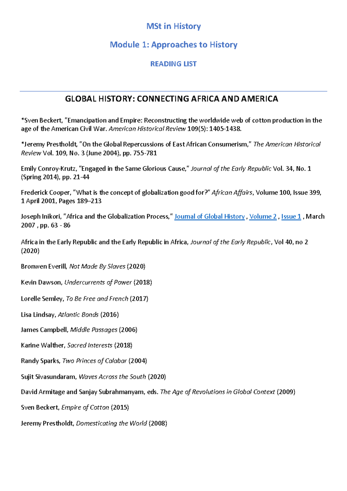 MSt in History: Module 1 Reading List - Approaches to History - Studocu