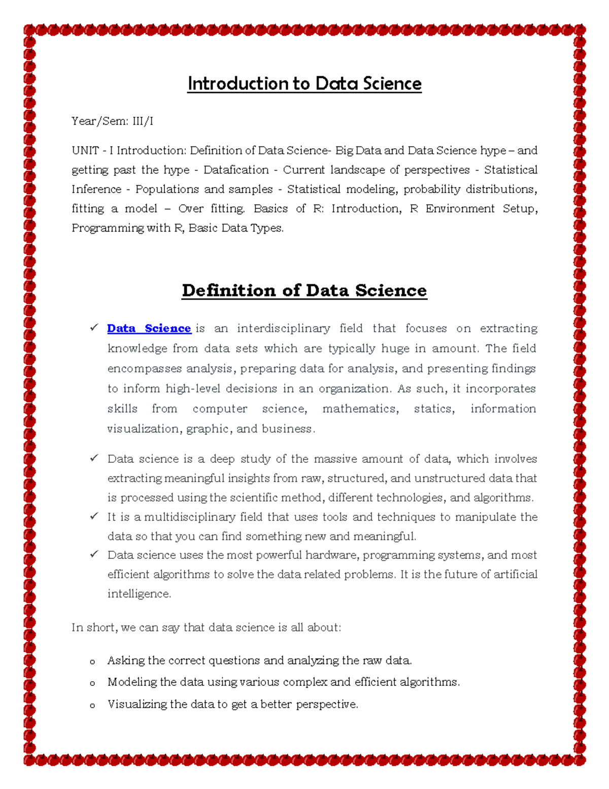IDS 101: Introduction to Data Science - Unit I Overview and Concepts ...