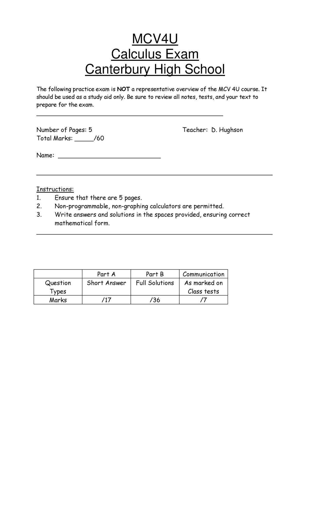 MCV4U Calculus Practice Exam II - Study Aid for Canterbury High School ...