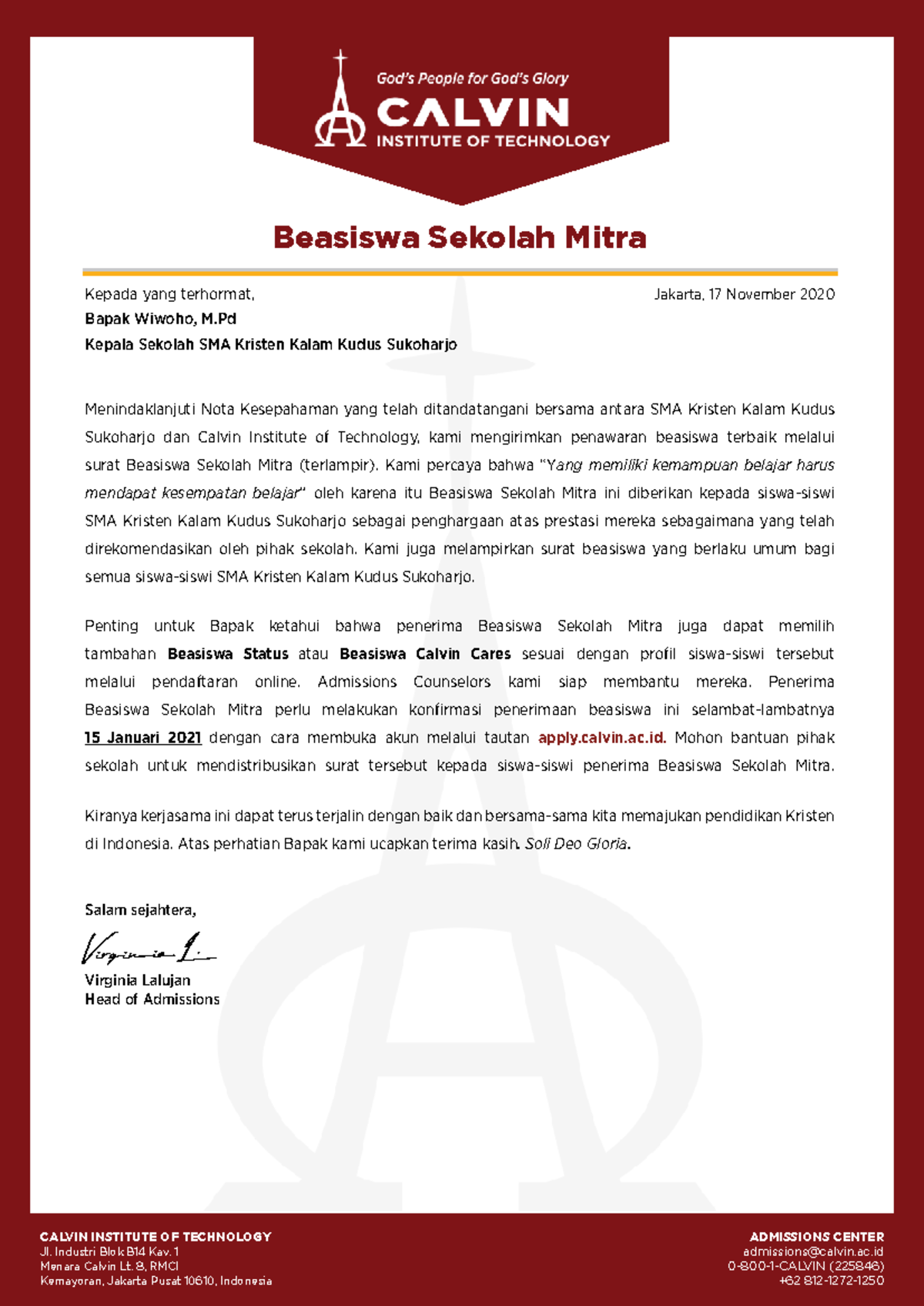 Letter to Headmaster SKKK Sukoharjo 2021 - CALVIN INSTITUTE OF ...