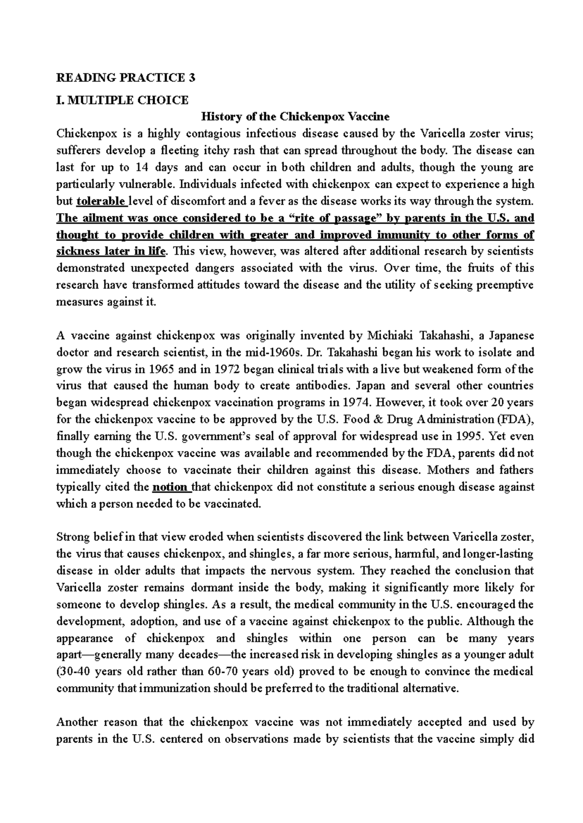 Reading Practice 3: History of the Chickenpox Vaccine and Its Impact ...