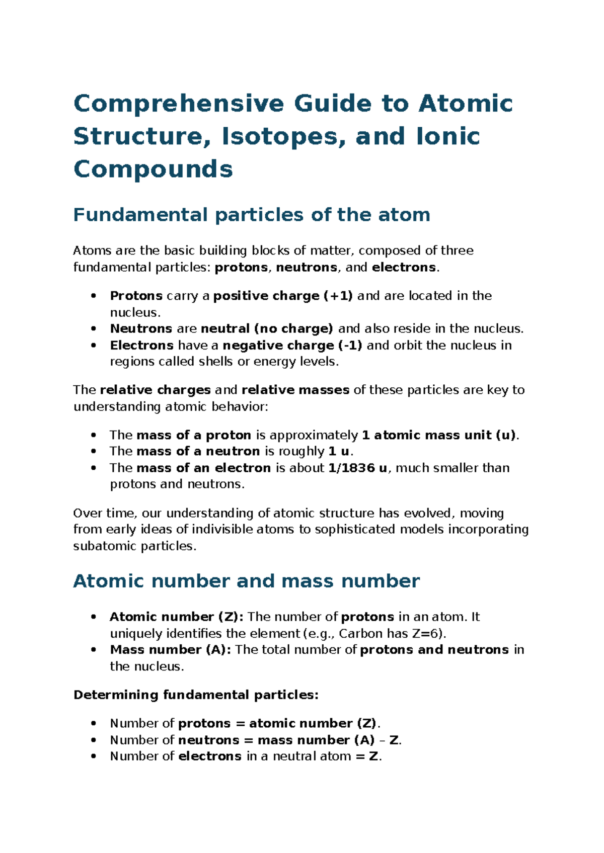 Comprehensive Study of Atomic Structure, Isotopes, and Ionic Compounds ...