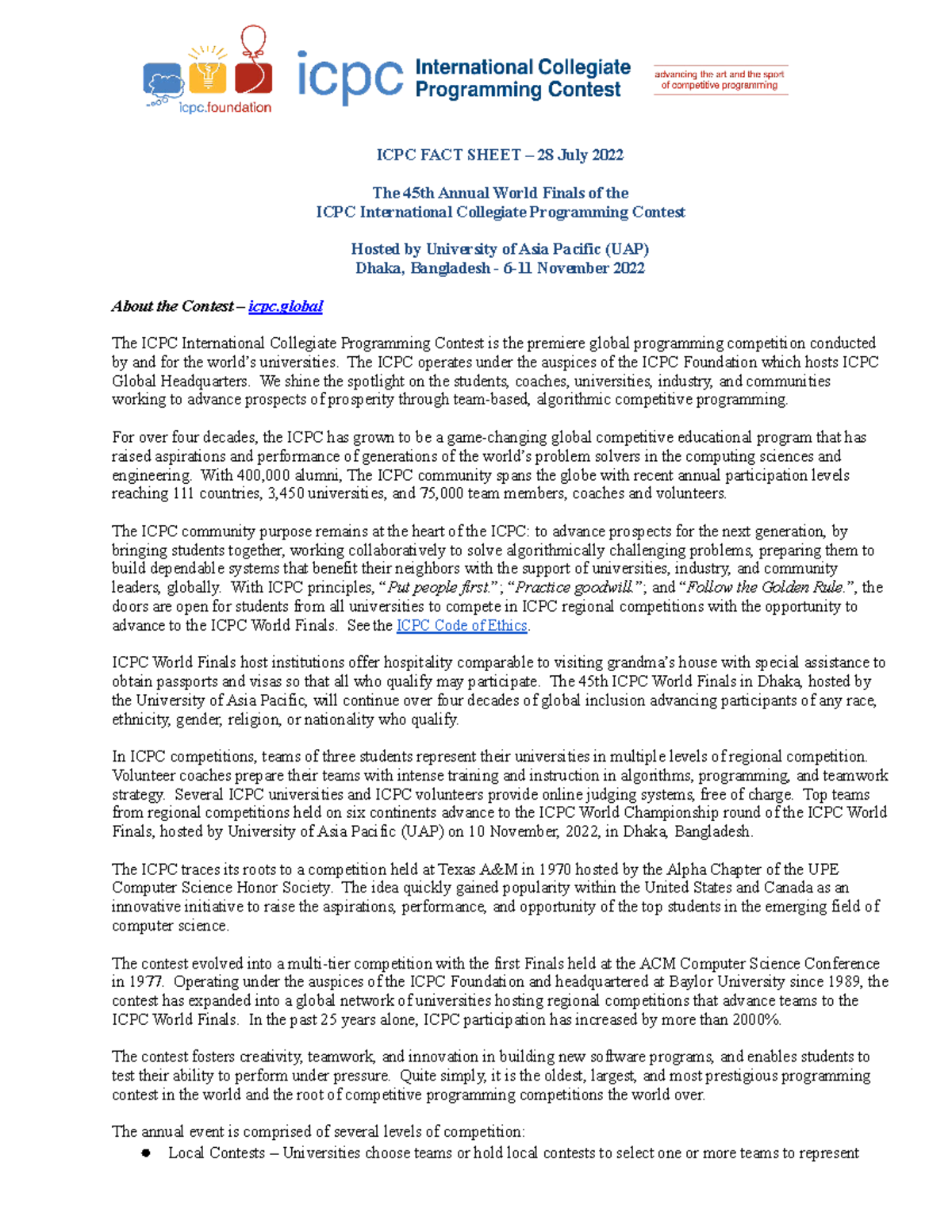 ICPC-Fact-Sheet - ICPC FACT SHEET – 28 July 2022 The 45th Annual World ...