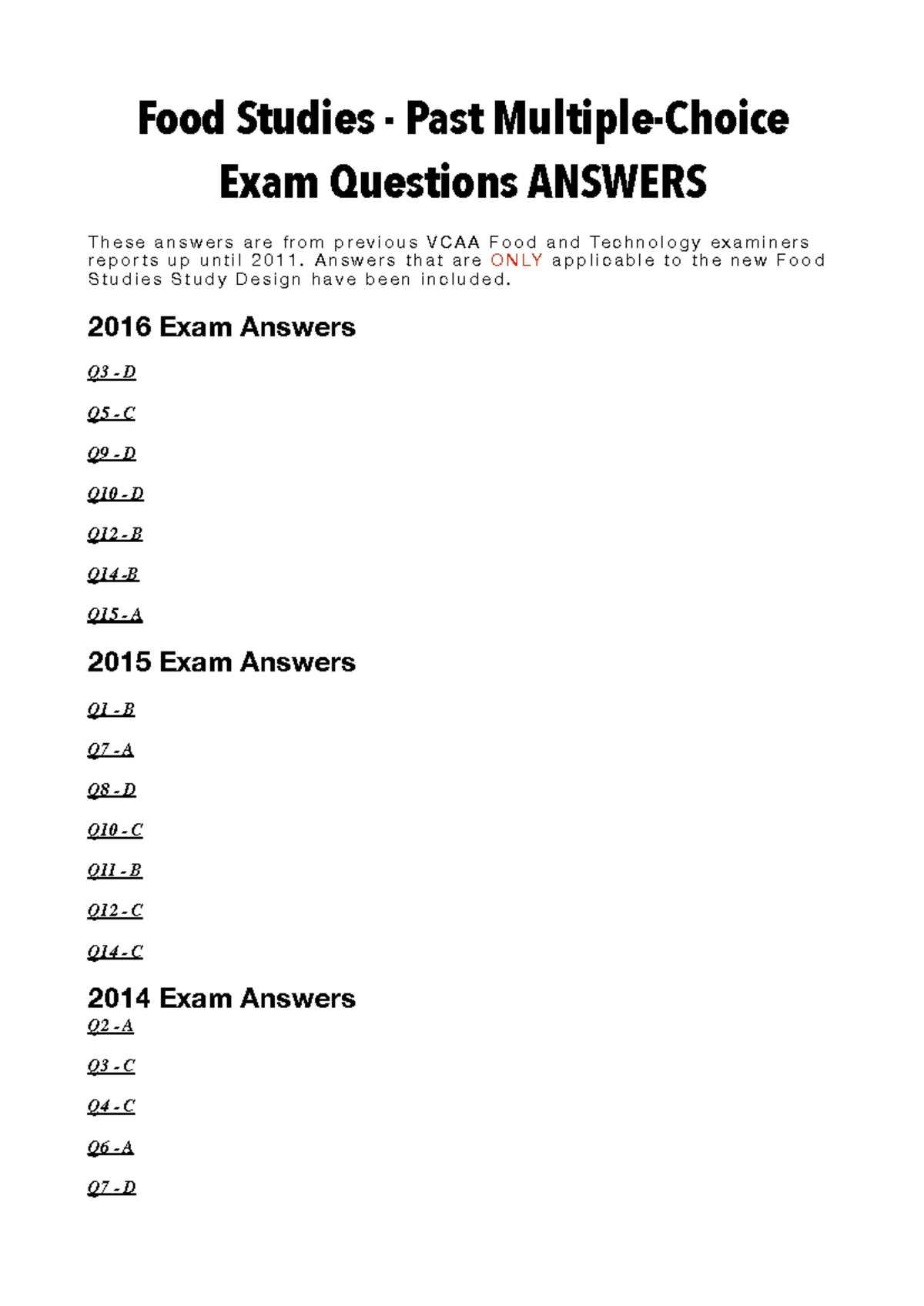VCAA Food Technology Past Exam MC Answers (2011-2016) - Studocu