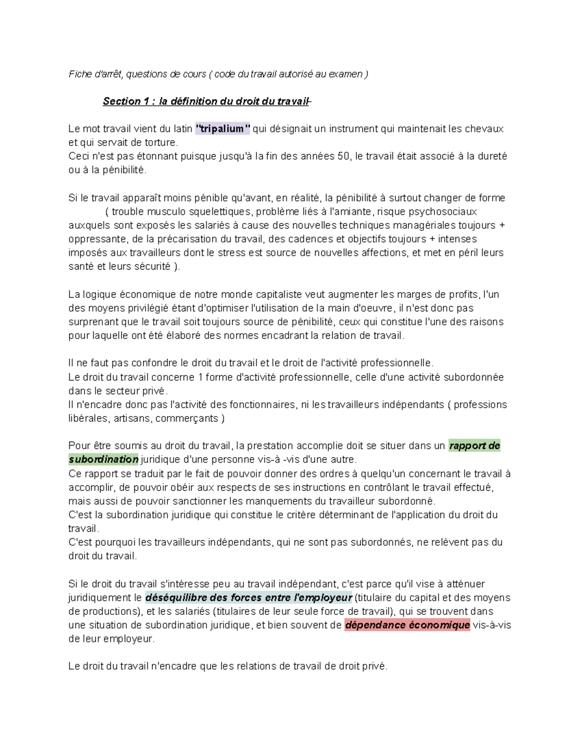 Cours de Droit du Travail - Section 1 : Définition et Cadre Juridique ...