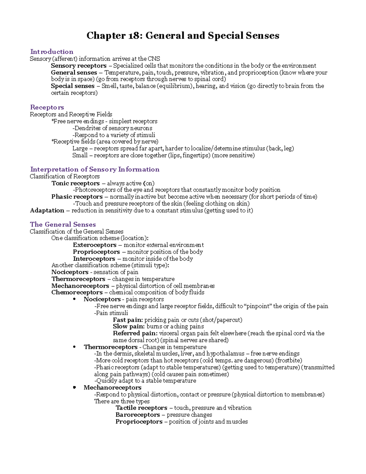 Chapter 18 General And Special Senses Outline Chapter 18 General
