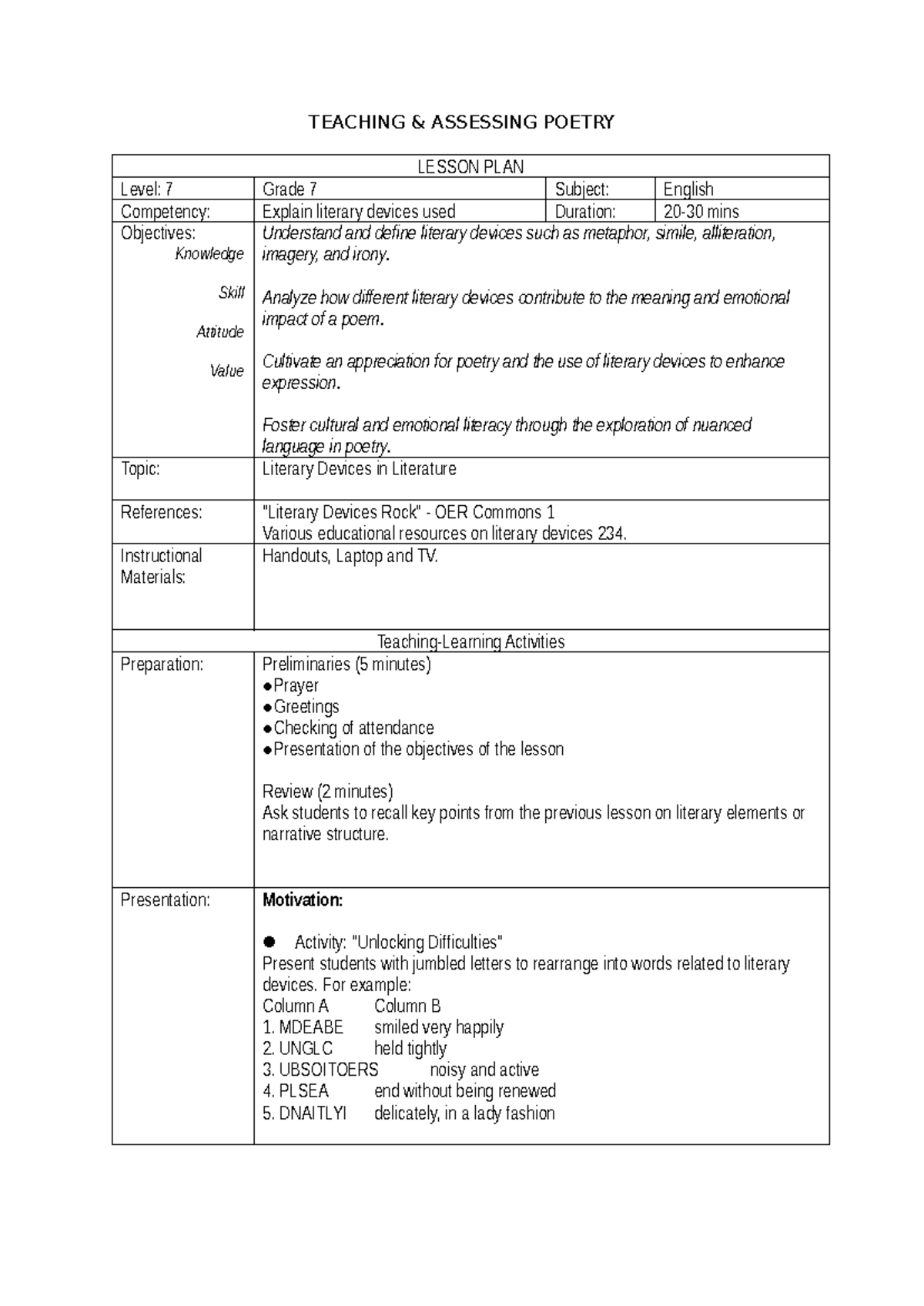 Poetry Lesson Plan - TEACHING & ASSESSING POETRY LESSON PLAN Level: 7 ...