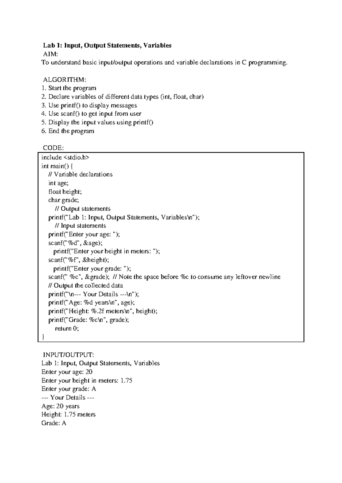 21CSS101J - Lab: Input, Output, Variables, and Data Types in C - Studocu