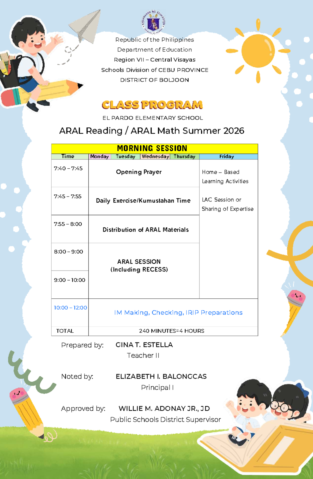 Class Program for ARAL Reading & Math - El Pardo Elementary School ...