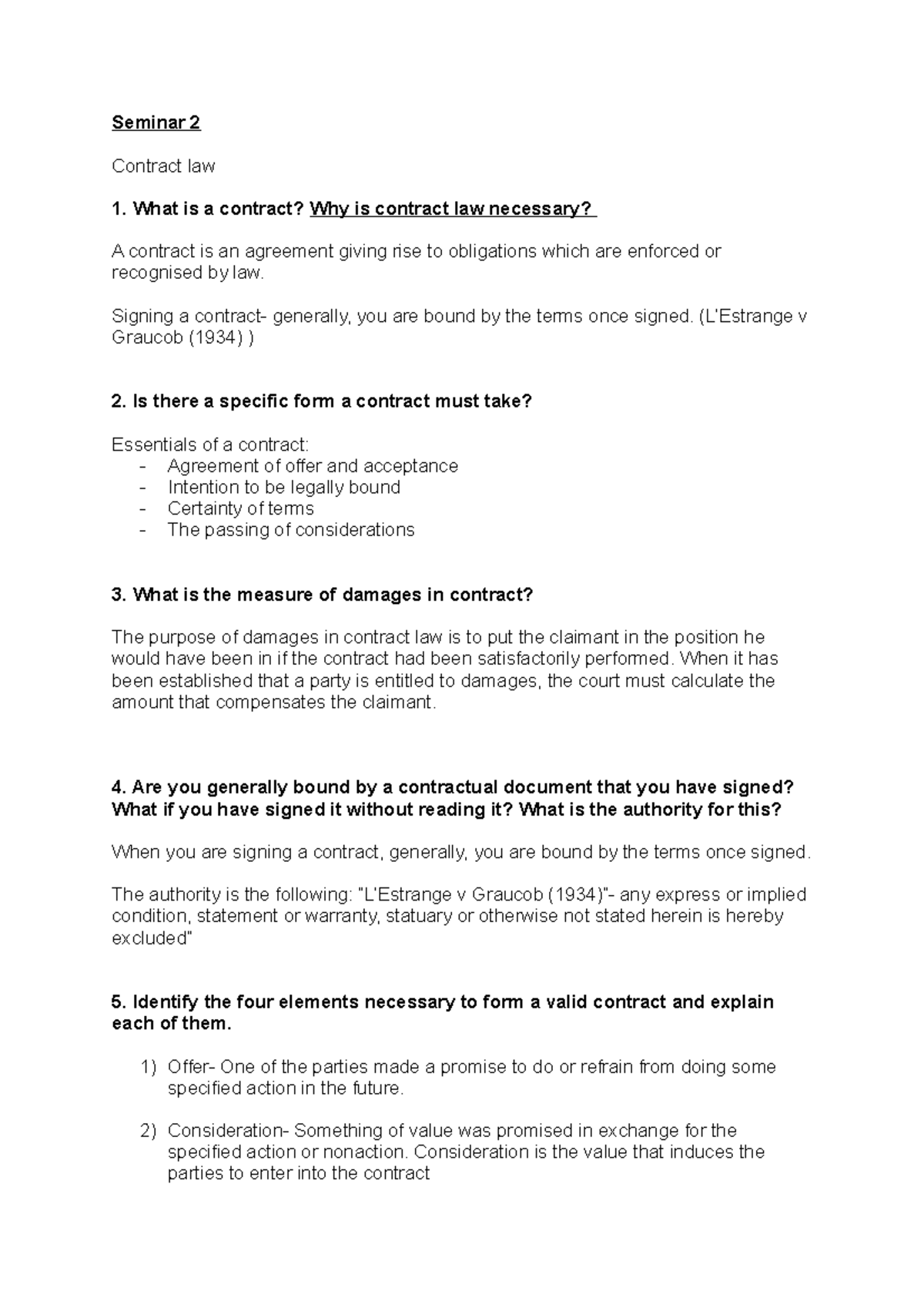 Seminar 2 Worksheet - Seminar 2 Contract law 1. What is a contract? Why ...