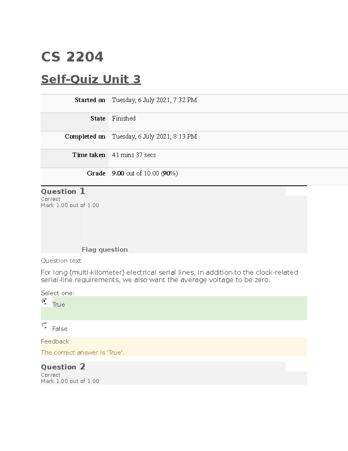 CS2204 Self Quiz unit 03 - CS 2204 Self-Quiz Unit 3 Started on Tuesday ...