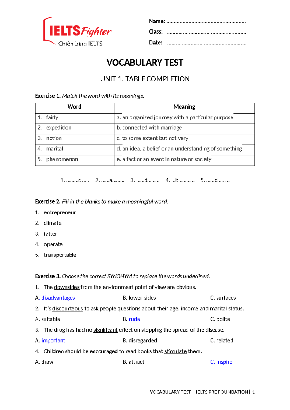 Vocabulary Test IELTS PRE 1: Unit 1 Table Completion - Studocu