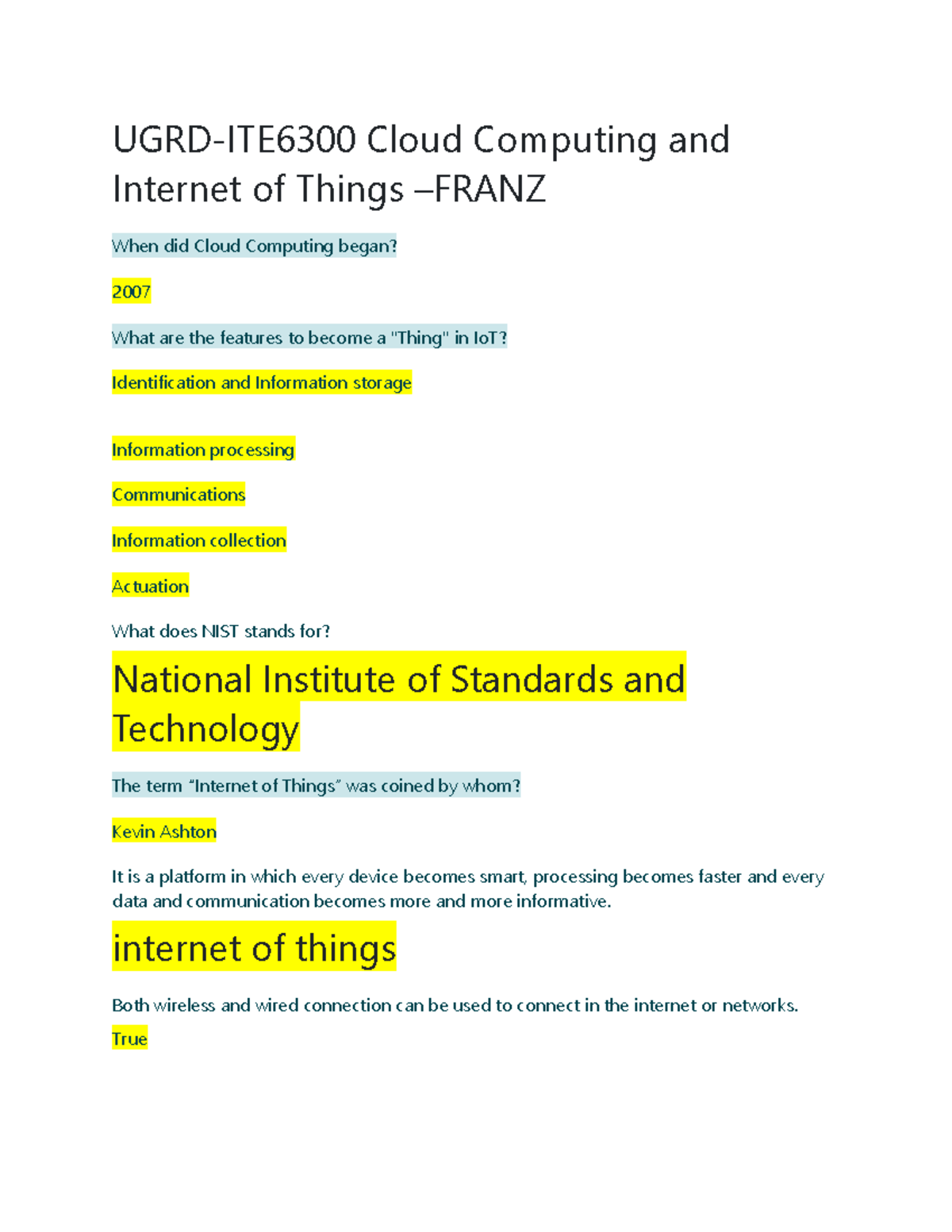 UGRD-ITE6300 Complete Quiz on Cloud Computing & IoT Overview - Studocu
