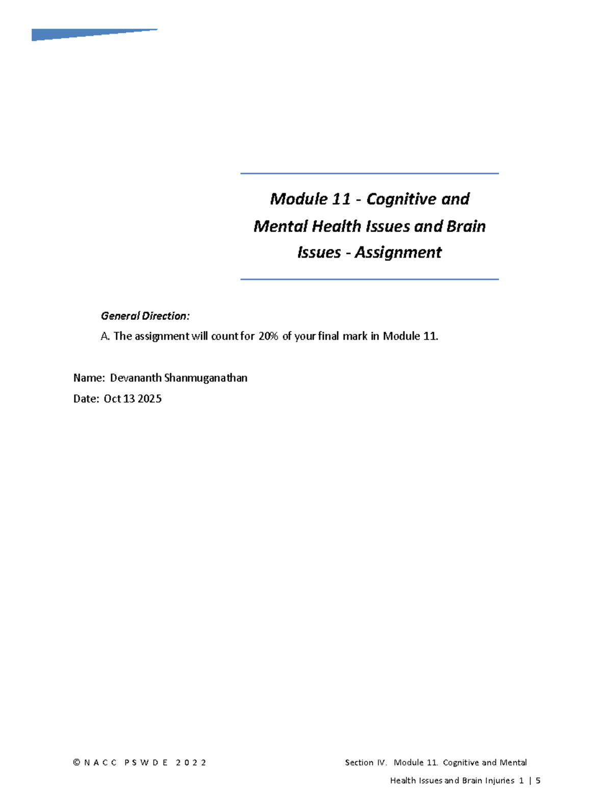 Module 11 PSW D E 2022 Assignment: Cognitive & Mental Health Issues ...