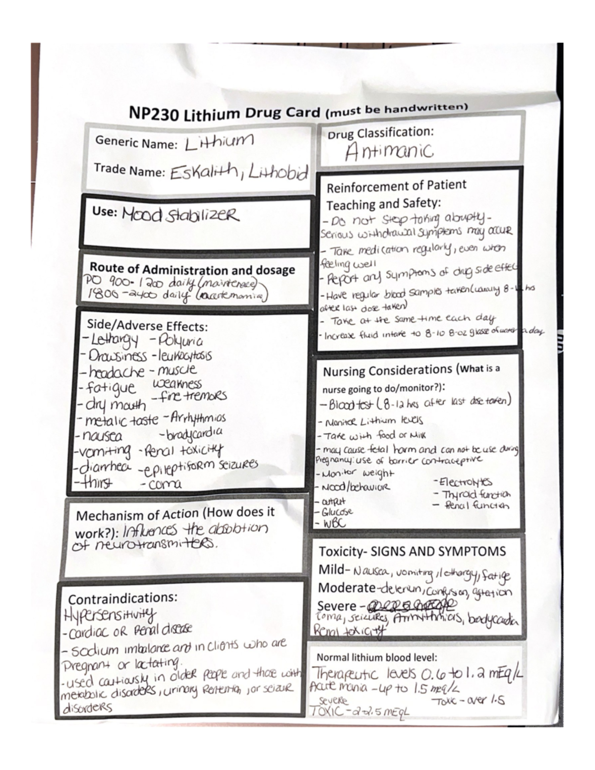 NP230 Lithium Drug Card: Key Information & Nursing Considerations - Studocu