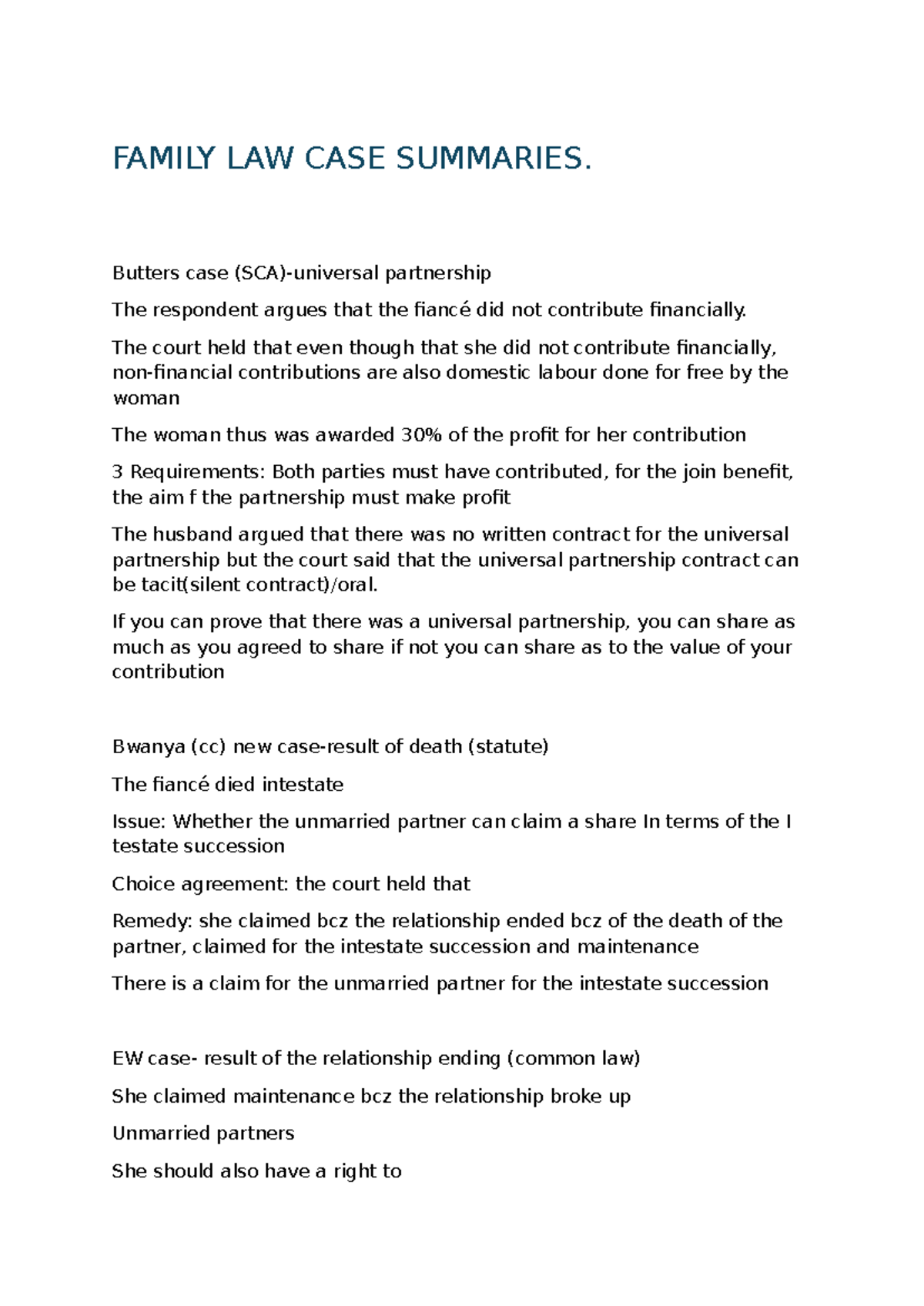 FAMILY LAW CASE SUMMARIES: Butters & Bwanya Cases Analysis - Studocu