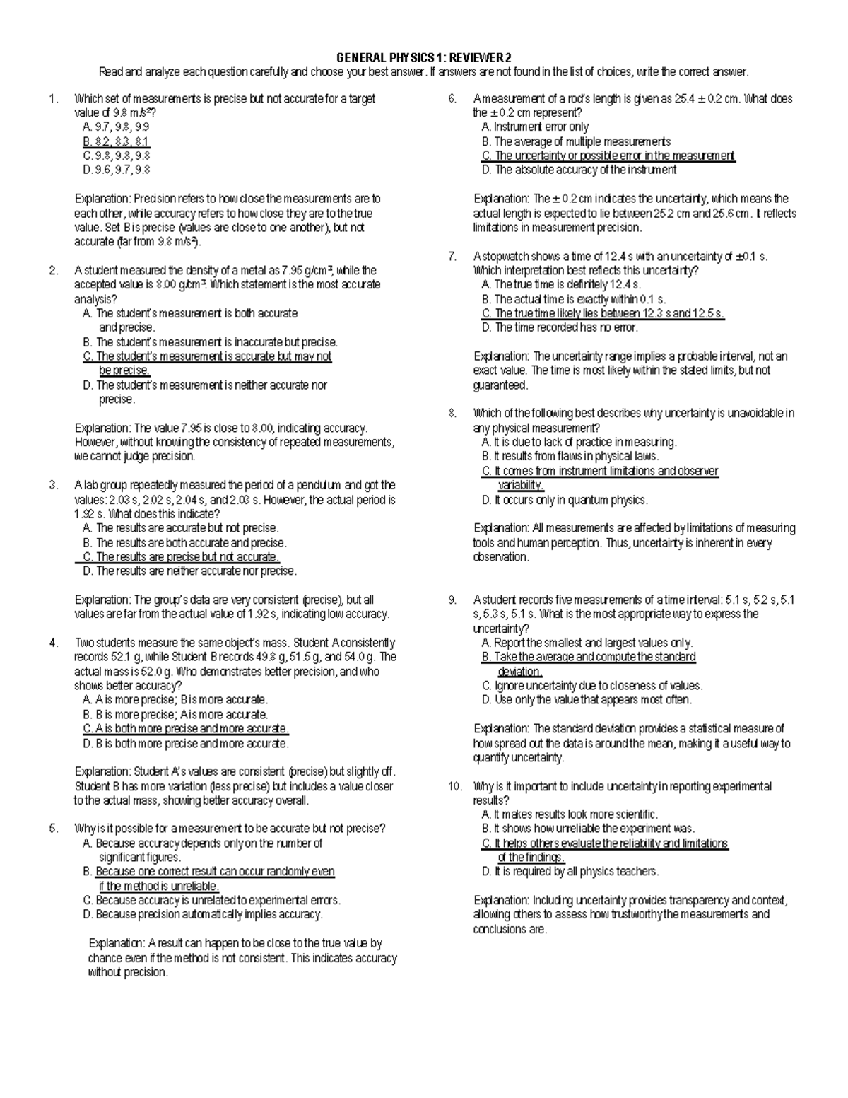 GENERAL PHYSICS 1: REVIEWER ON MEASUREMENT ACCURACY AND PRECISION - Studocu