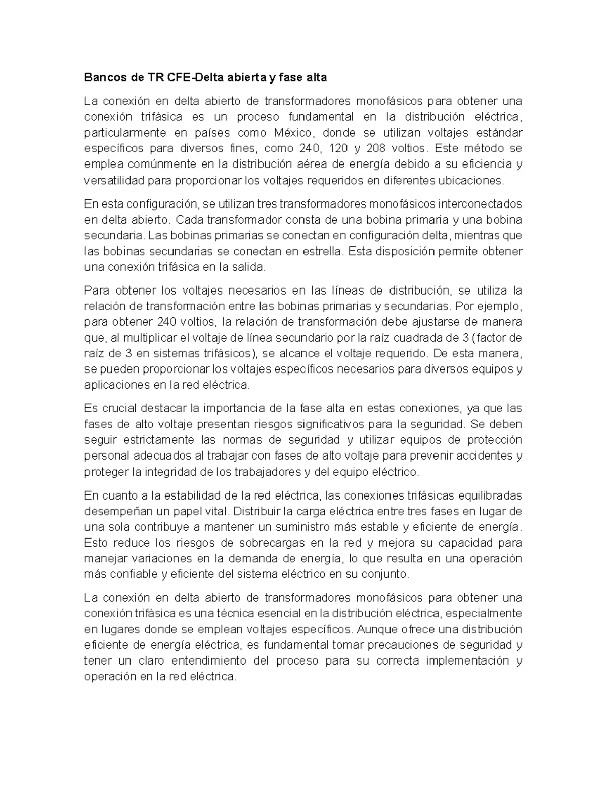 Bancos de TR CFE-D Delta Abierta y Fase Alta en Distribución Eléctrica ...