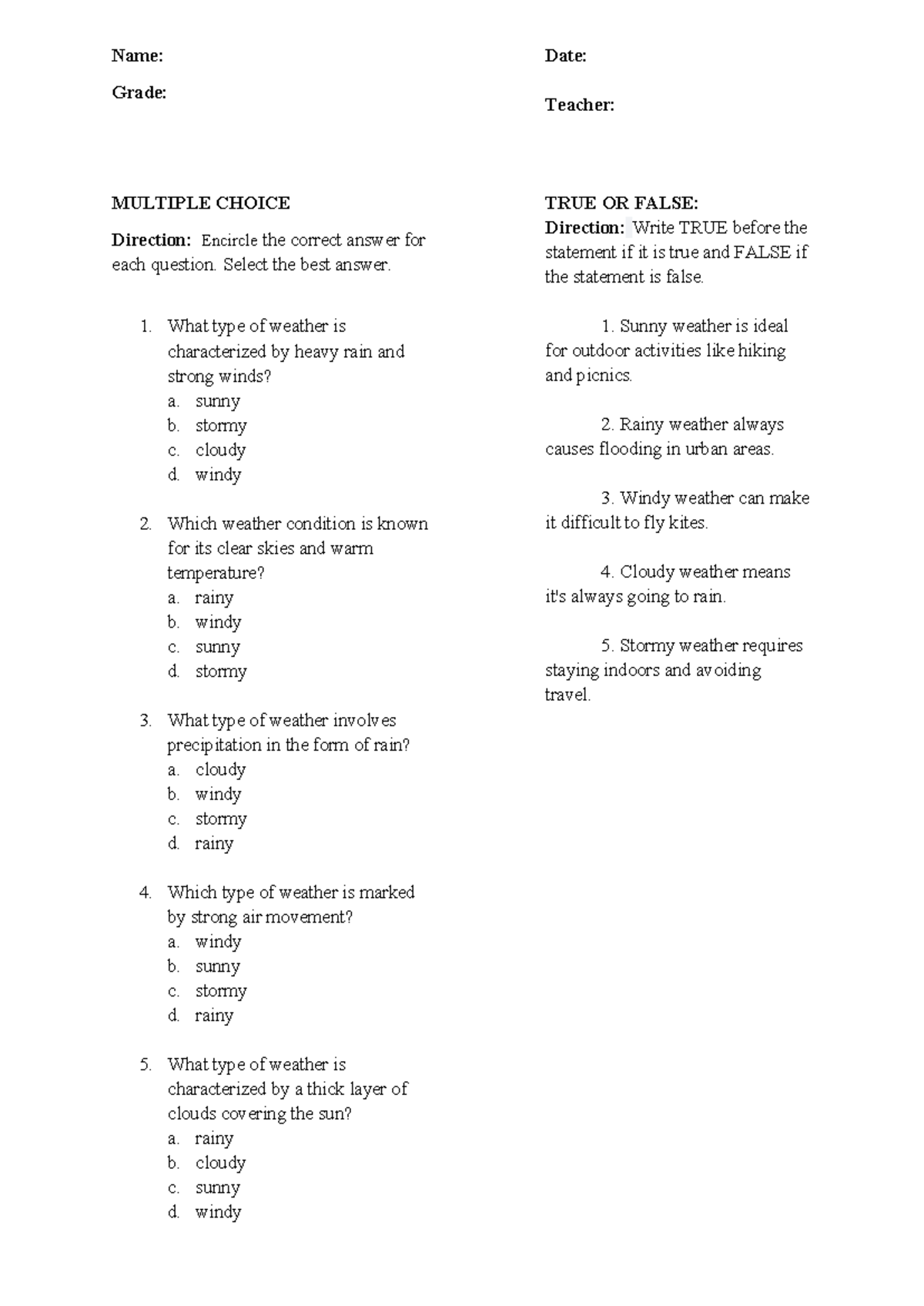 Evaluation III: Weather MCQ & T/F Questions - Studocu