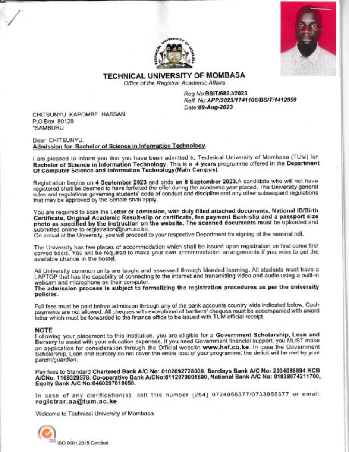 TUM Admission Letter for Hassan - Bachelor of Science in IT - Studocu
