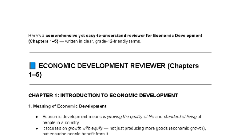 ECONOMIC DEVELOPMENT REVIEWER (Chapters 1-5) - ACC 121 - Studocu