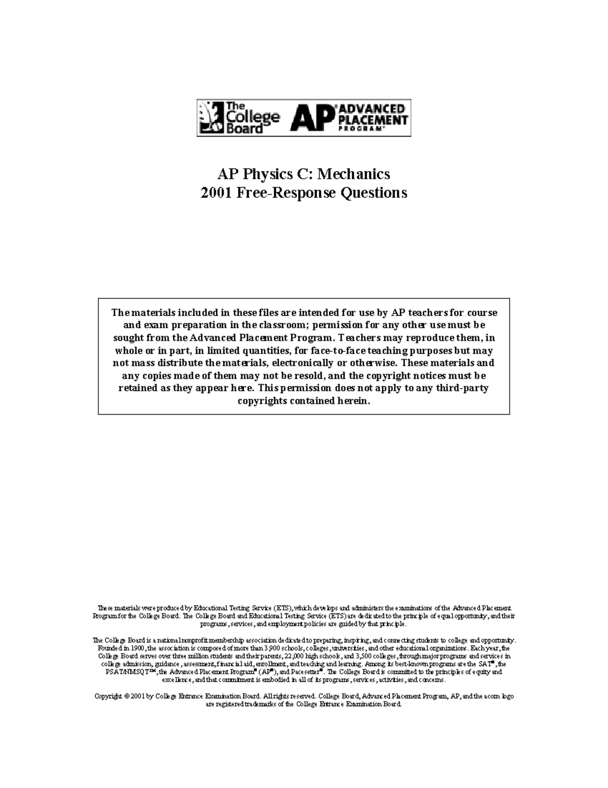 AP Physics C: Mechanics 2001 Exam Questions and Solutions - Studocu