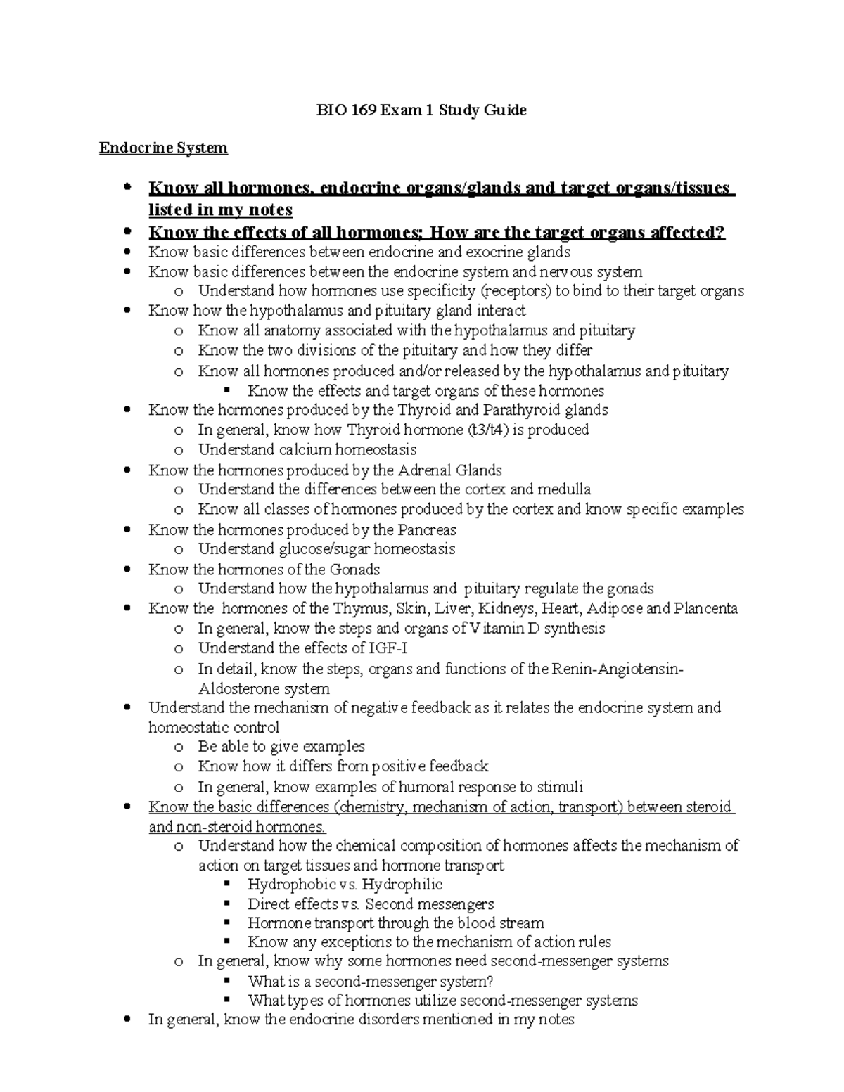 BIO 169 Exam 1 Study Guide: Endocrine & Reproductive Systems Overview ...