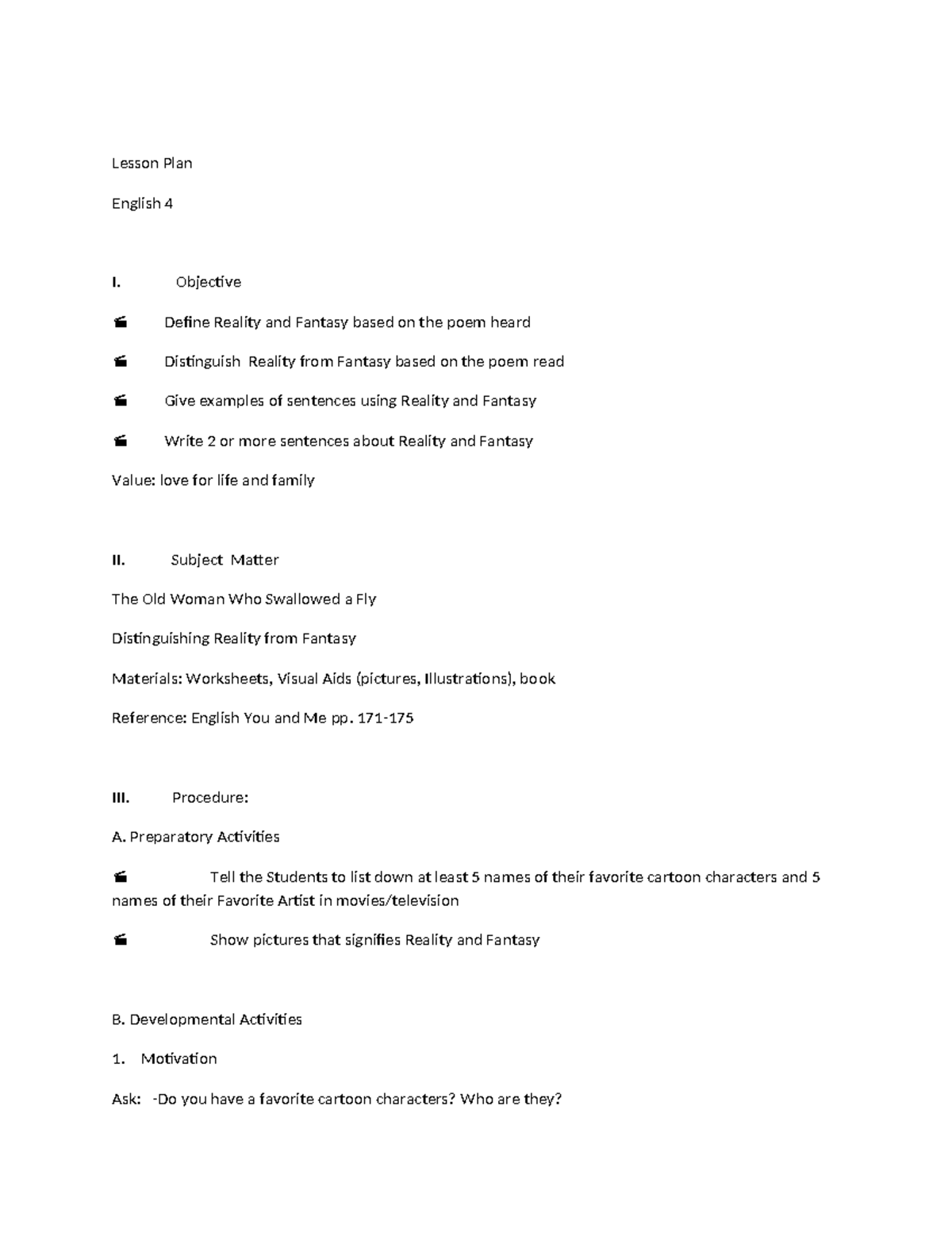 Grade IV English Lesson Plan: Understanding Reality vs. Fantasy - Studocu
