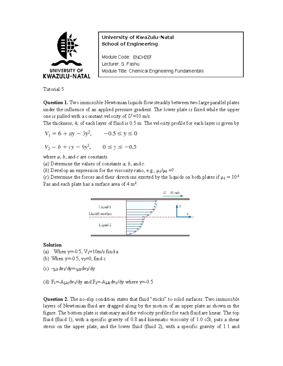 Chemical Engineering Fundamentals ENCH2EF Tutorial 5 Solutions - Studocu