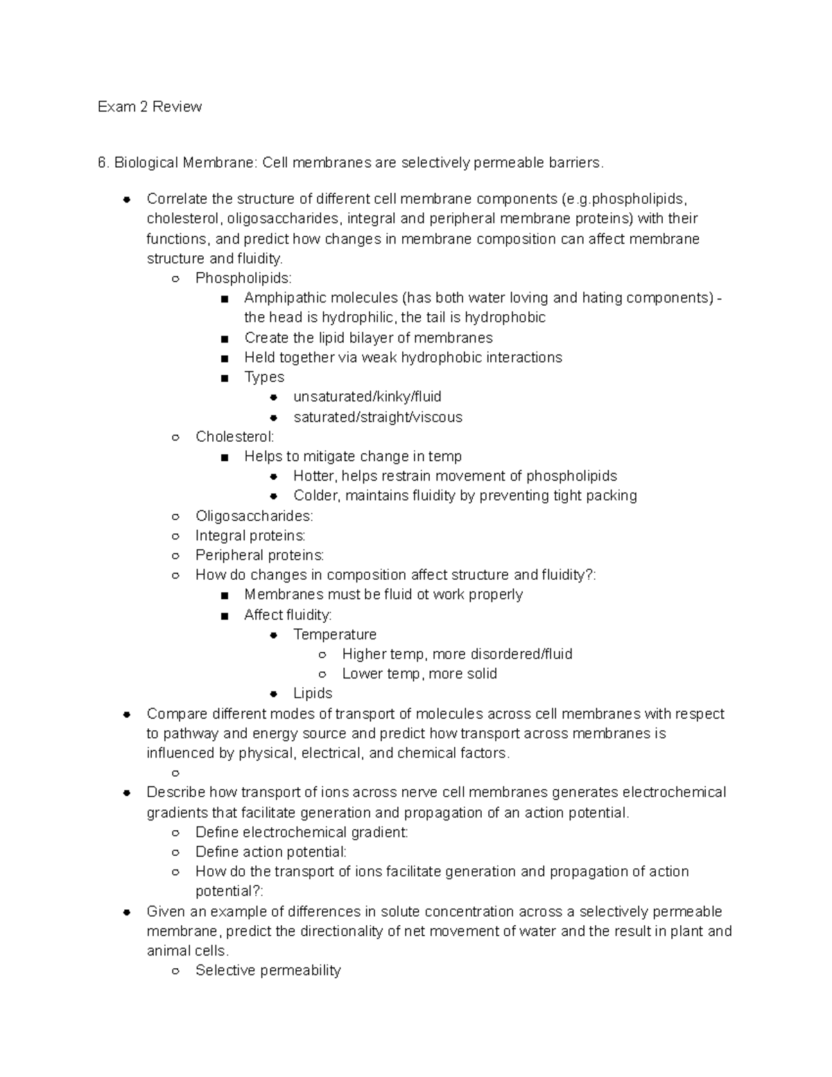 Bio 311C Exam 2: Review of Membranes, Communication, and Respiration ...