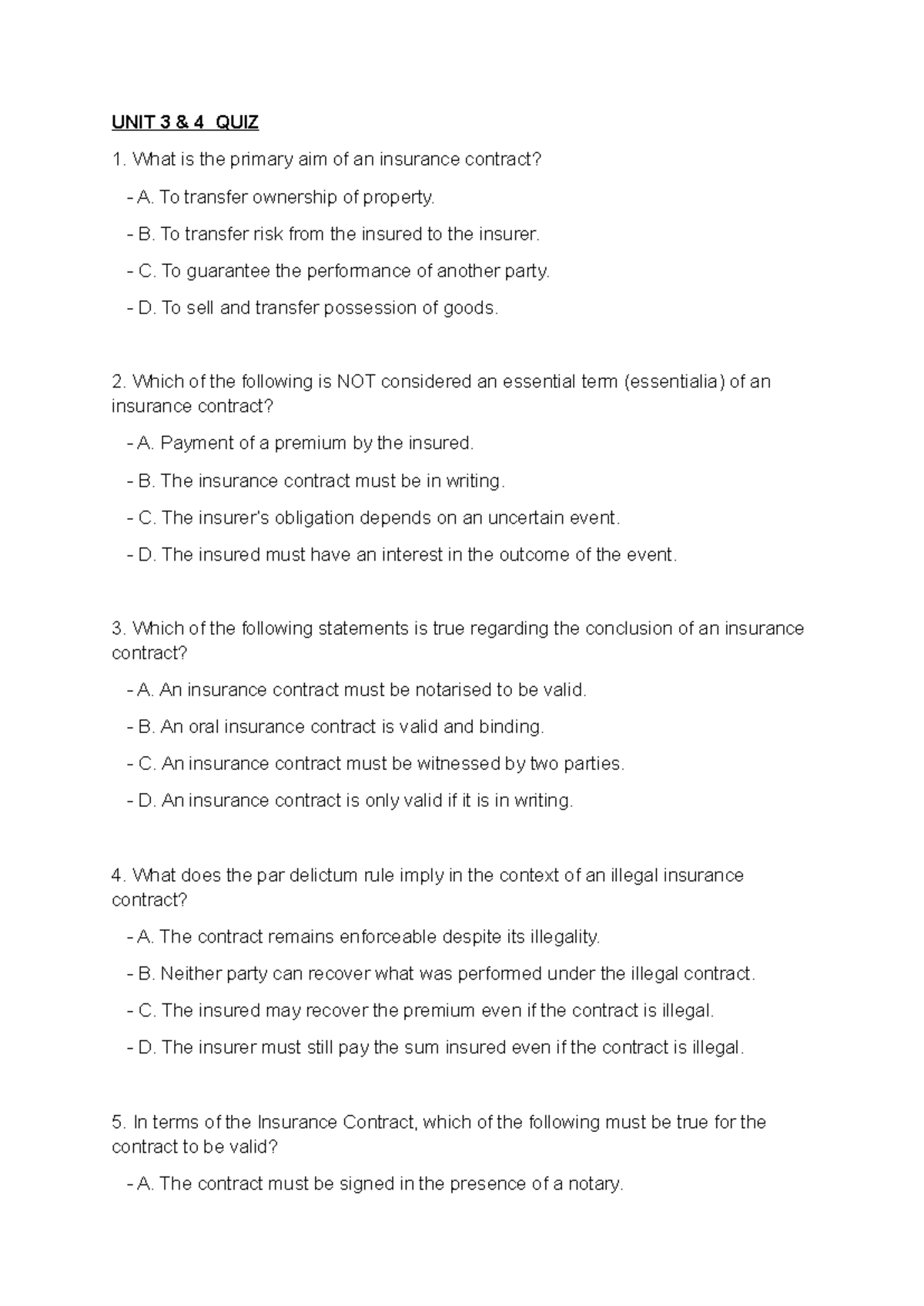 Insurance TUT 2: Unit 3 & 4 Quiz and Analysis Questions - Studocu