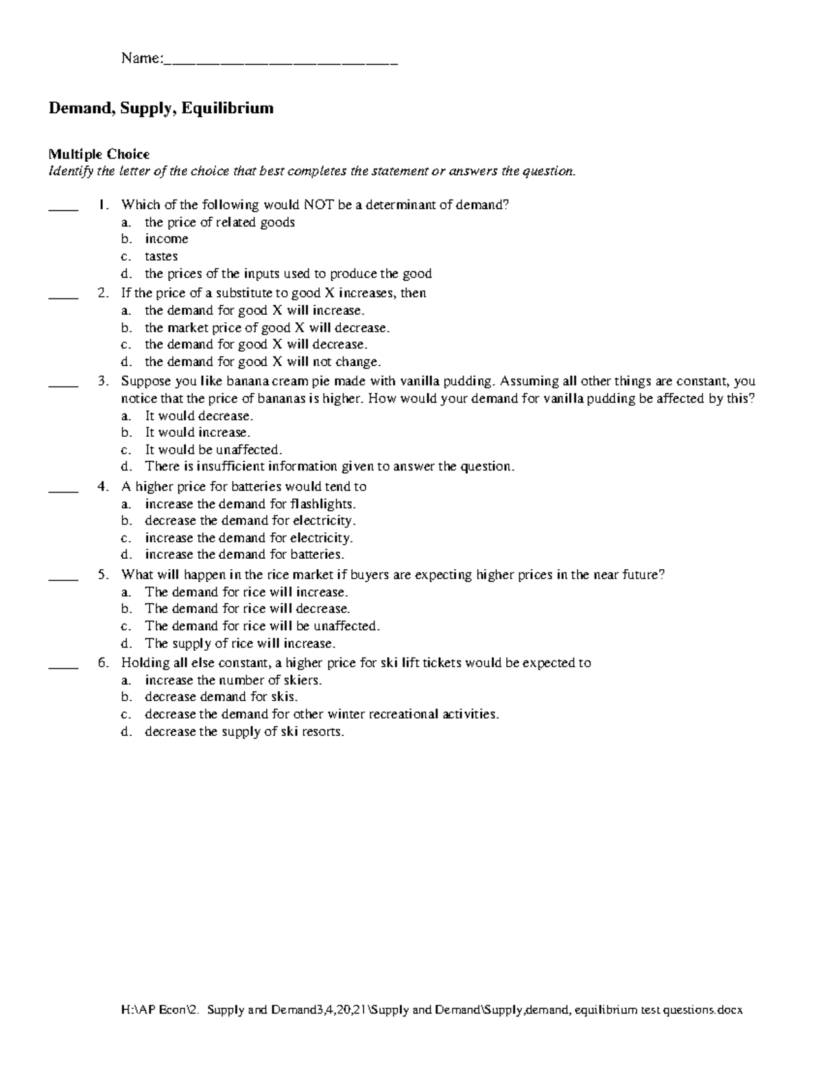 Supply & Demand Equilibrium MCQ Test Questions for Economics 101 - Studocu