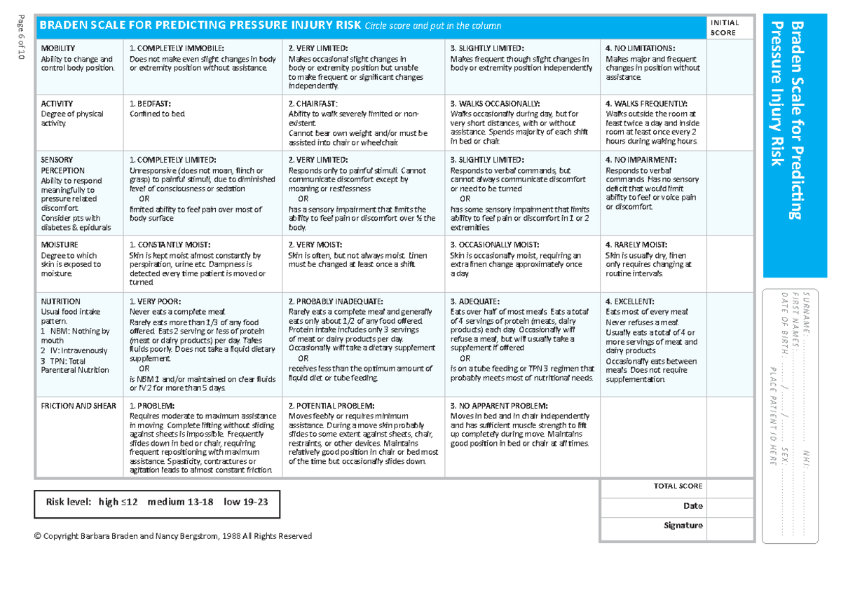 Braden Scale & Fluid Balance Chart (PADP) - Patient Assessment Guide ...