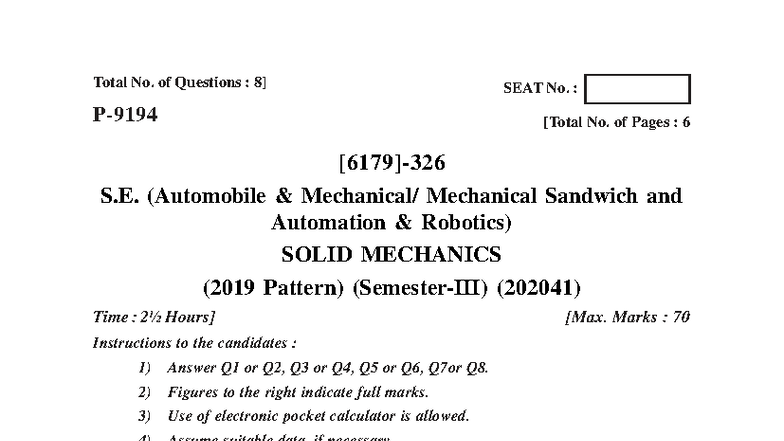 Solid Mechanics Exam Paper (2019 Pattern) - S.E. (Automobile) (202041 ...
