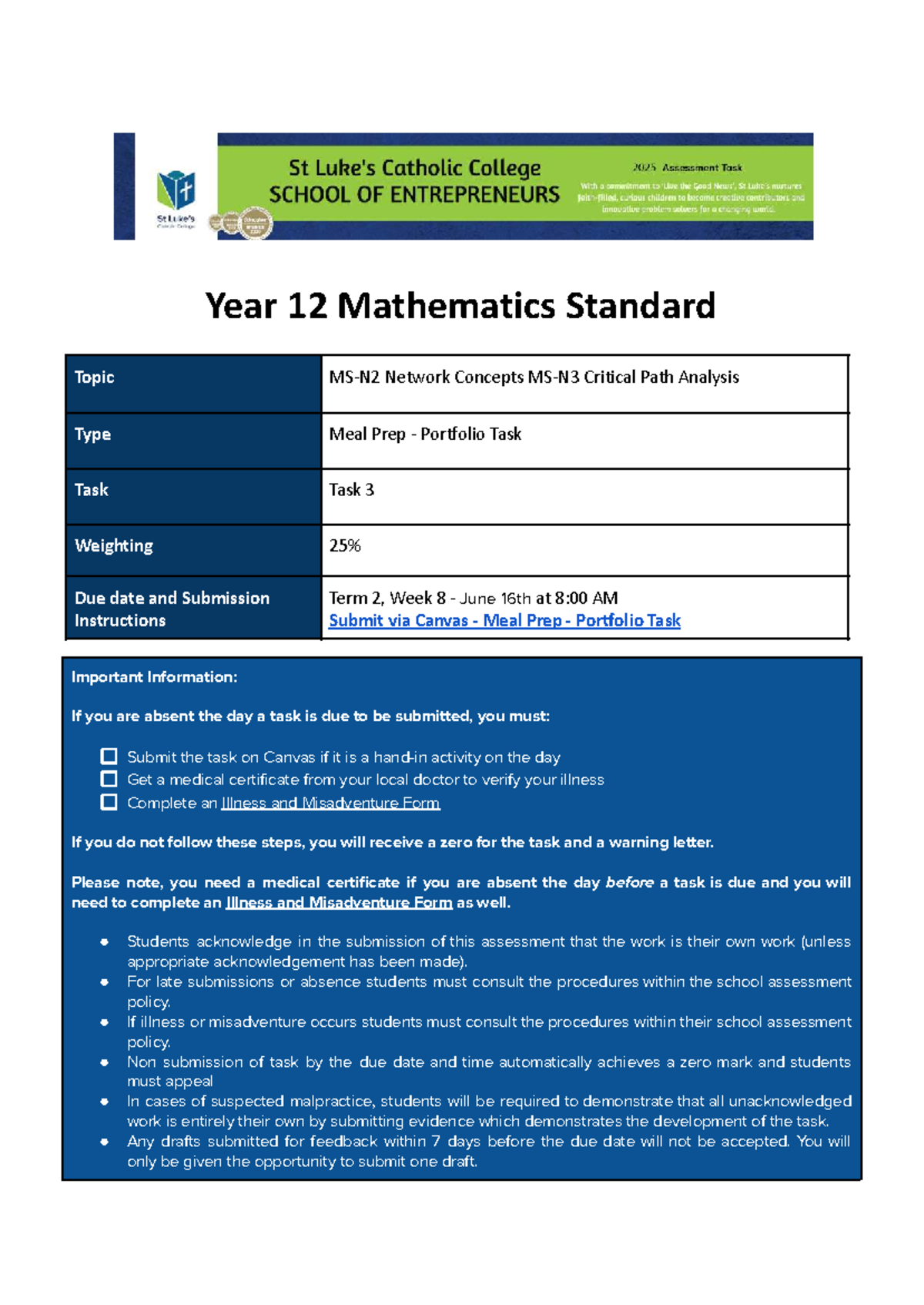 Year 12 Mathematics Standard AST3 2025 Meal Prep Critical Path Analysis ...