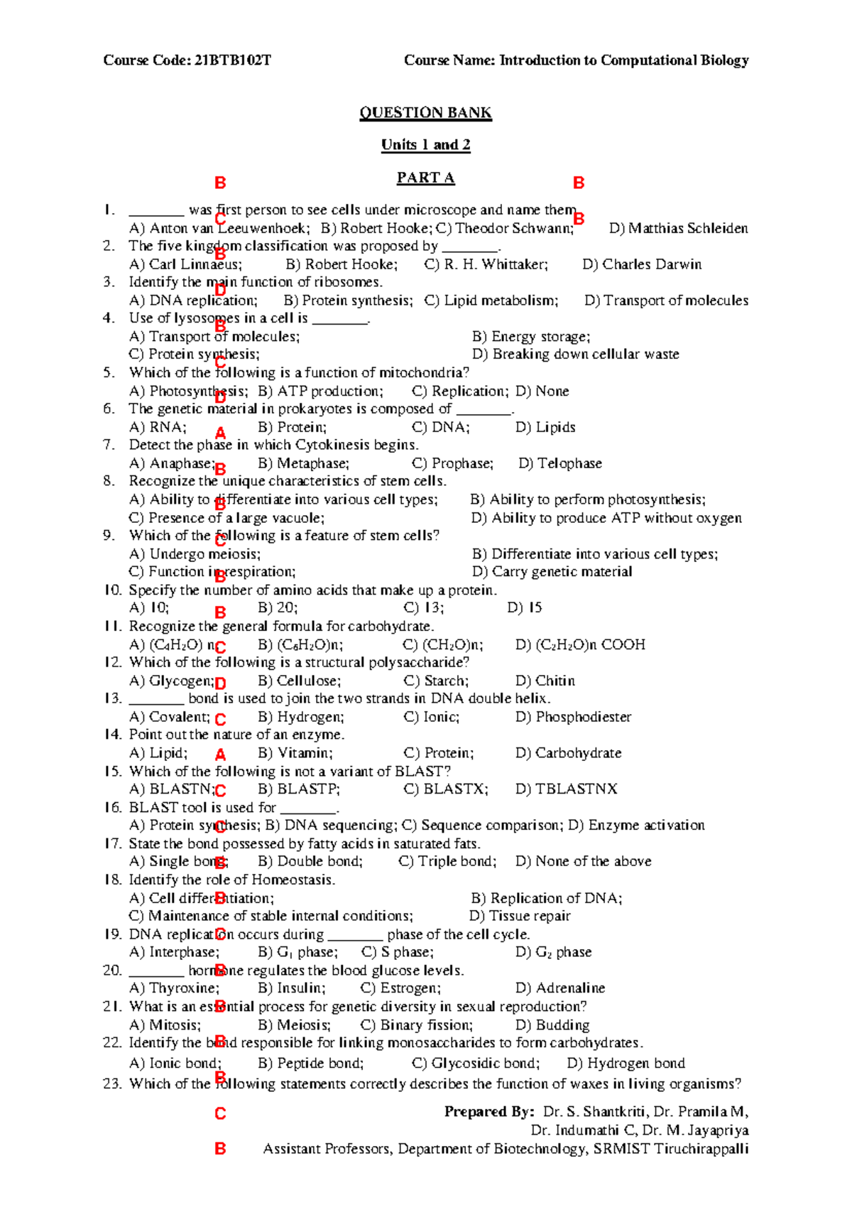 Final Question Bank with Answers for 21BTB102T: Comp Bio Study Guide ...