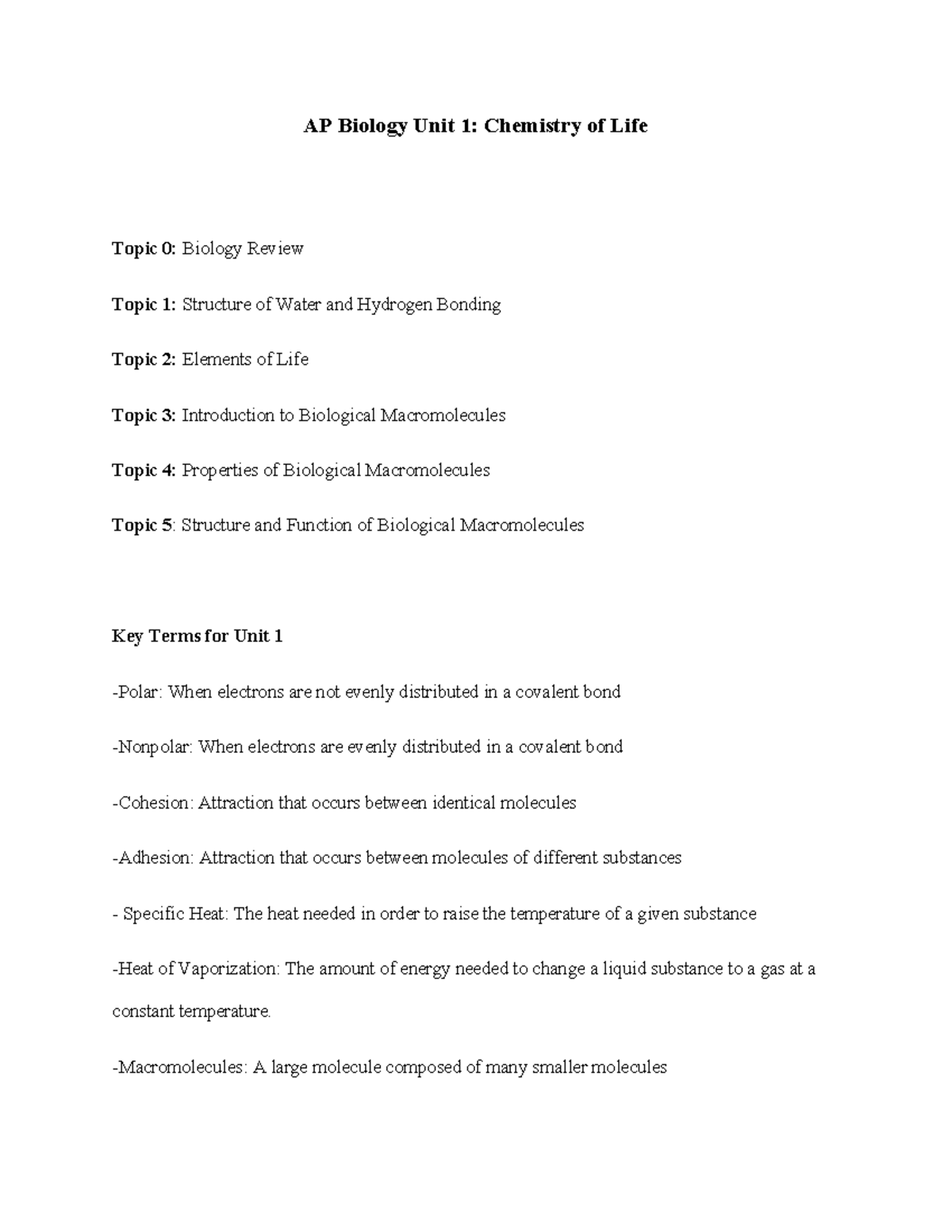 AP Biology Unit 1- Chemistry of Life - AP Biology Unit 1: Chemistry of ...