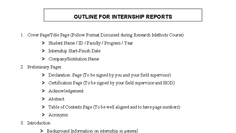 Outline for Internship Reports - Research Methods Course - Studocu