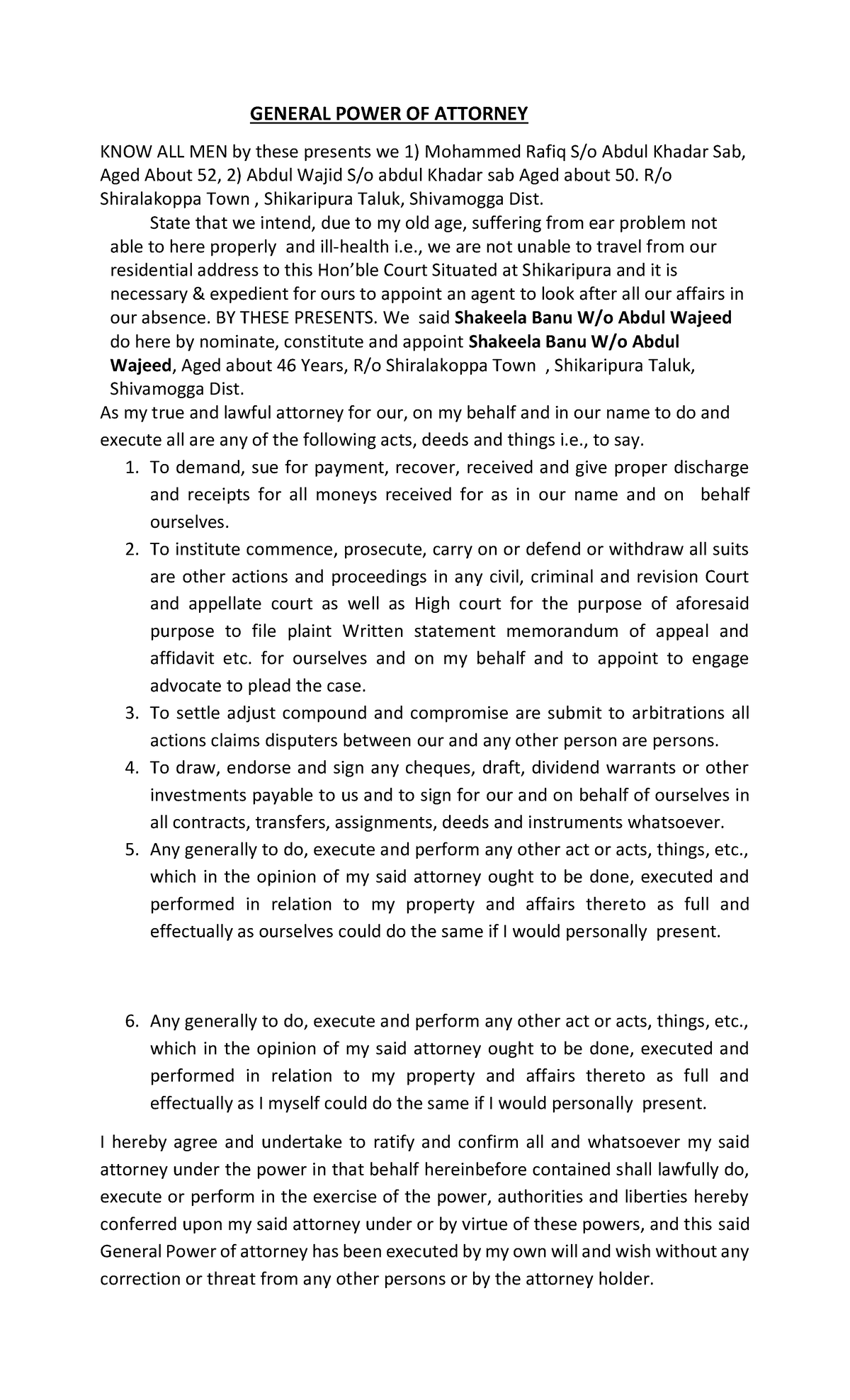 General Power of Attorney - Mohammed Rafiq Vs Khamran Bi (GPA) - Studocu