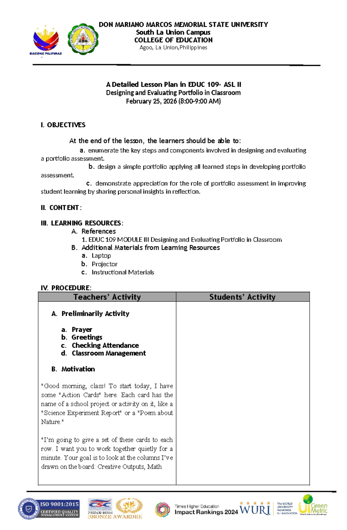 EDUC ASL II: Detailed Lesson Plan on Designing & Evaluating Portfolios ...