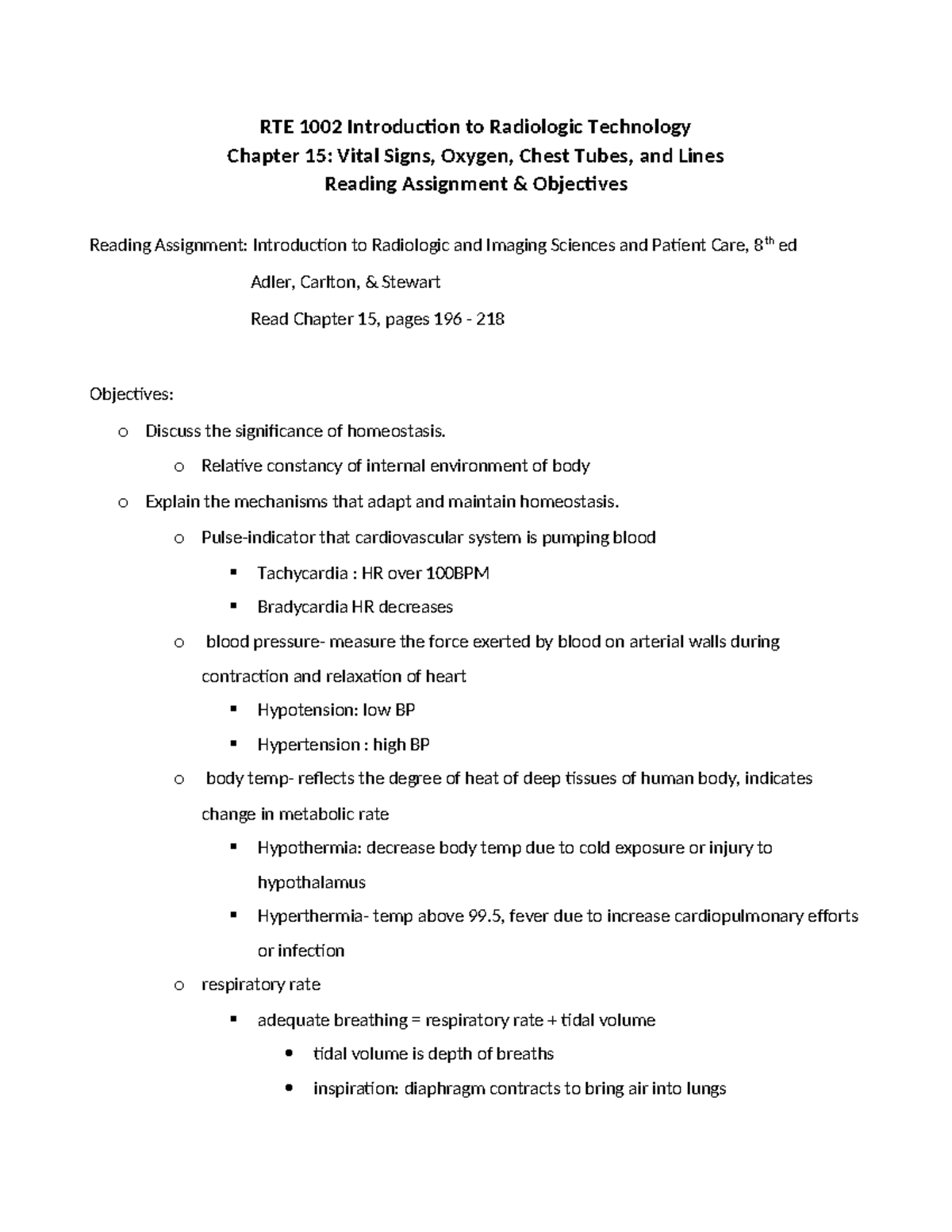 RTE 1002 Chapter 15: Vital Signs & Oxygen Therapy Objectives Worksheet ...