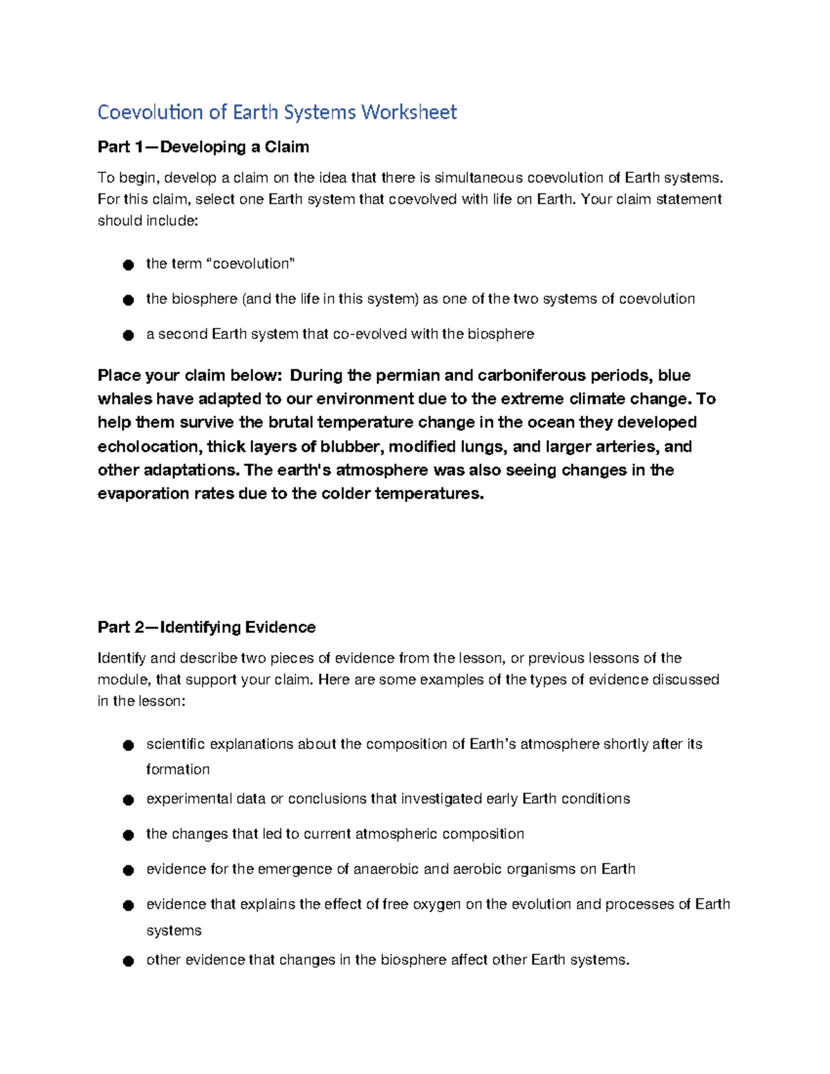 Coevolution of Earth Systems Worksheet: Claims and Evidence Analysis ...