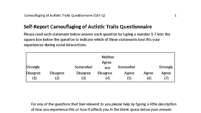 Camouflaging Questionnaire Cat Q - Self-Report Camouflaging of Autistic ...